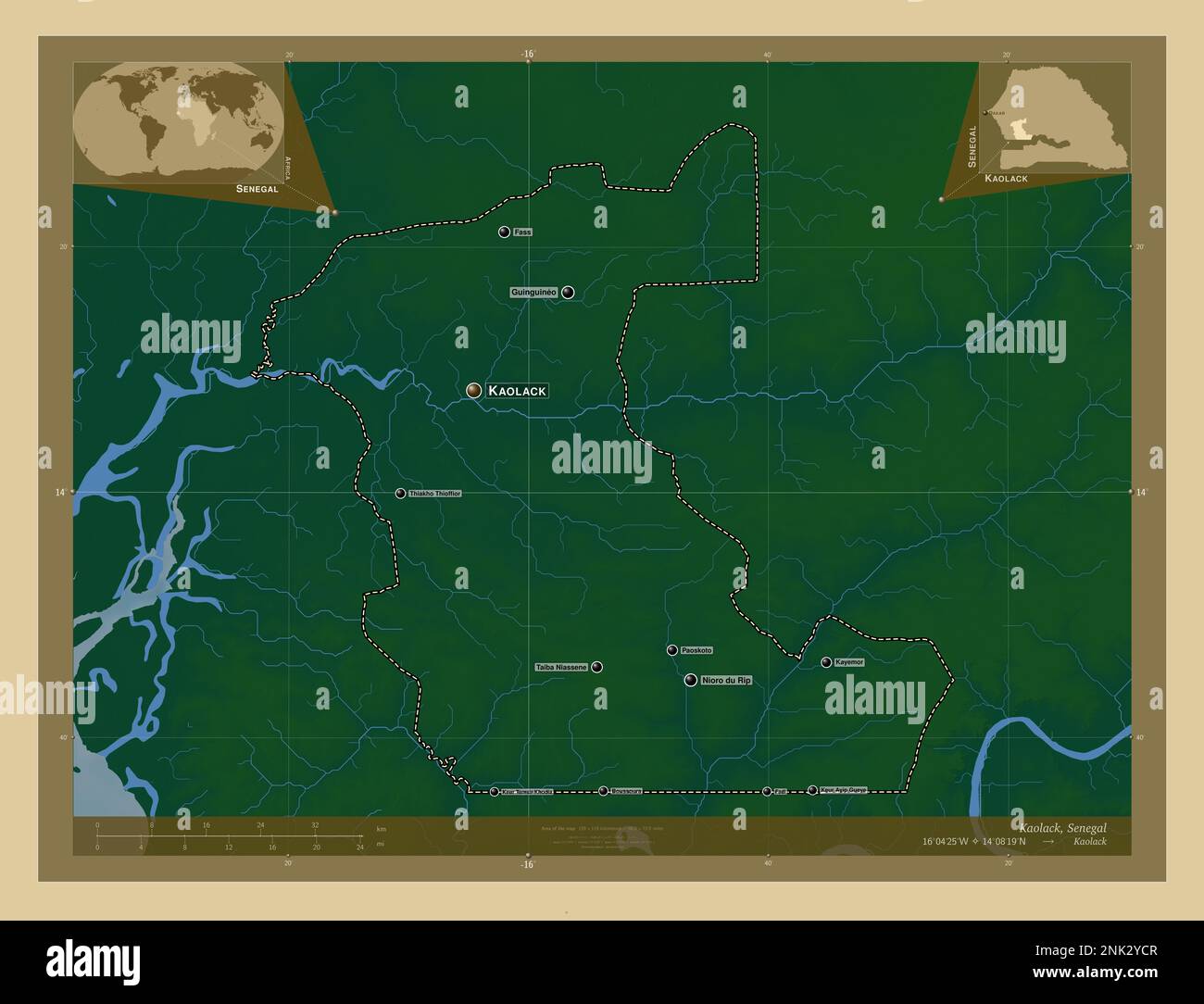 Kaolack, region of Senegal. Colored elevation map with lakes and rivers ...