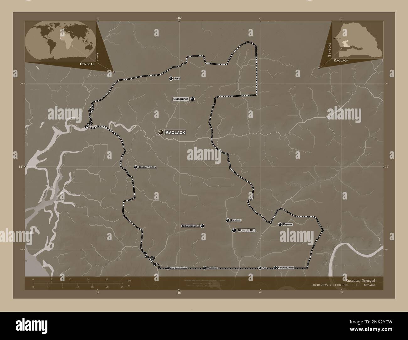 Kaolack, region of Senegal. Elevation map colored in sepia tones with ...