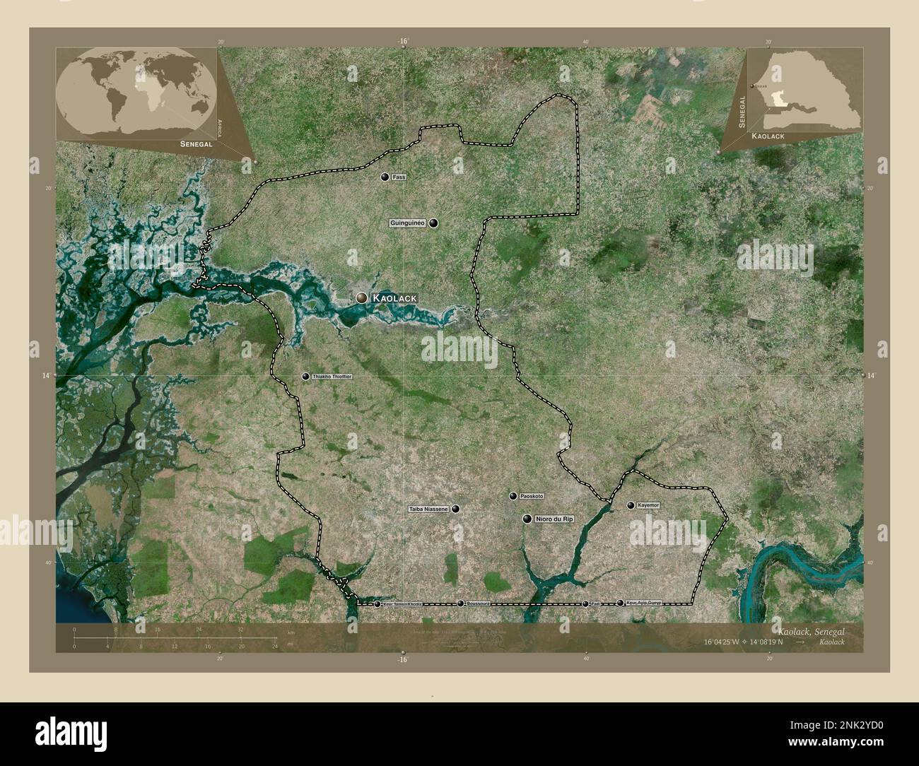 Kaolack, region of Senegal. High resolution satellite map. Locations and names of major cities ...