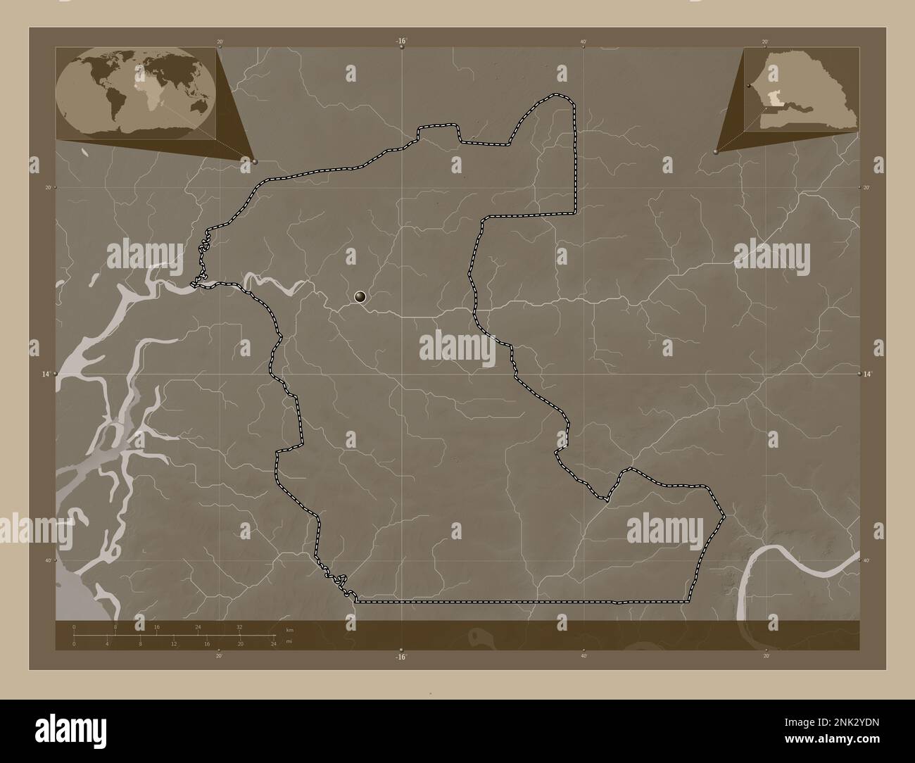 Kaolack, region of Senegal. Elevation map colored in sepia tones with ...