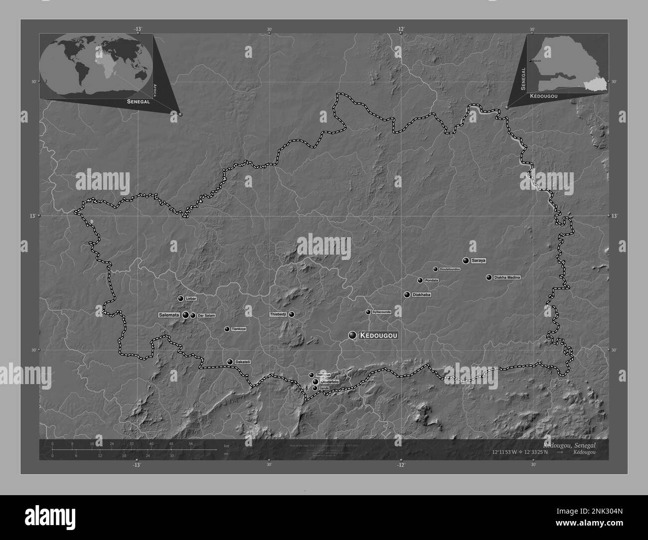 Kedougou, region of Senegal. Bilevel elevation map with lakes and ...