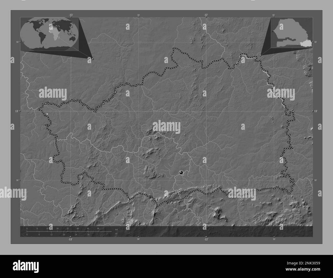 Kedougou, region of Senegal. Bilevel elevation map with lakes and ...