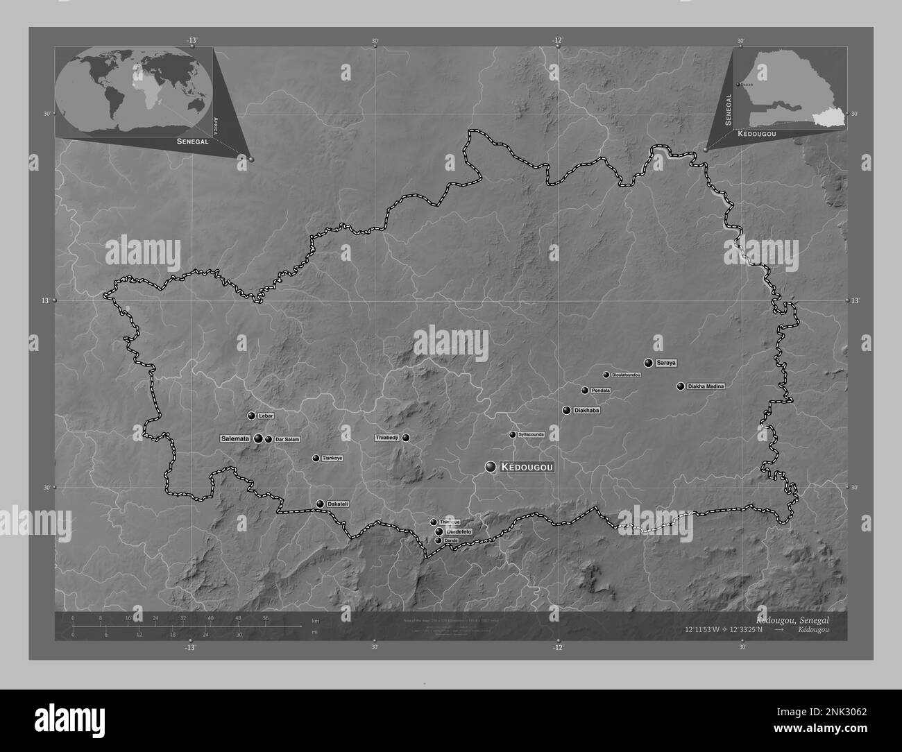 Kedougou, region of Senegal. Grayscale elevation map with lakes and ...