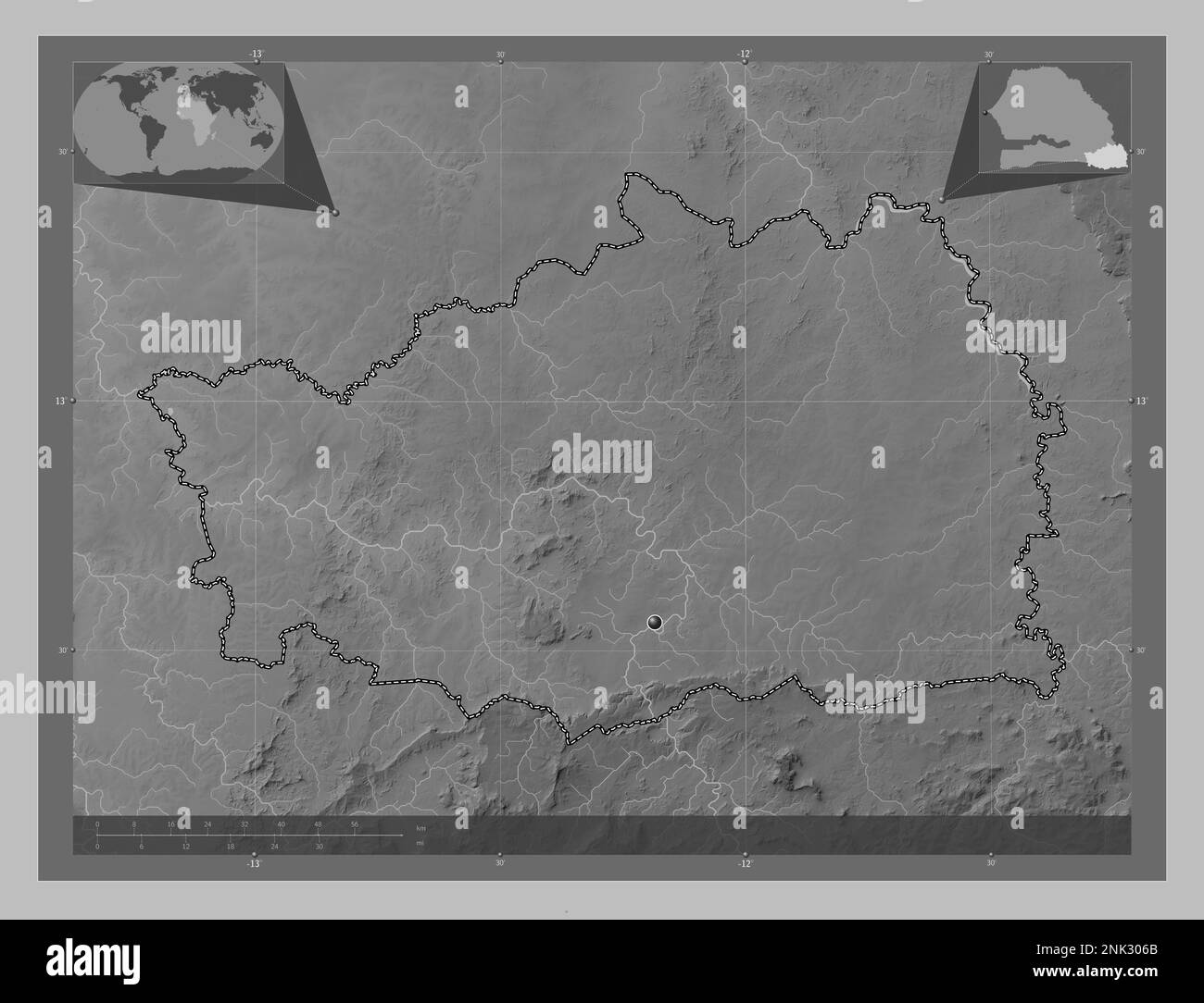 Kedougou, region of Senegal. Grayscale elevation map with lakes and ...