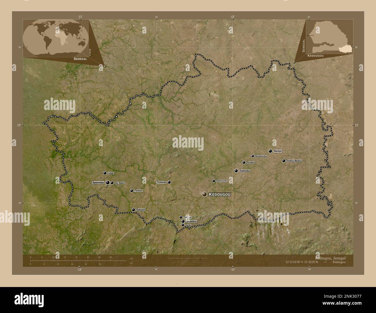Kedougou, region of Senegal. Low resolution satellite map. Locations ...
