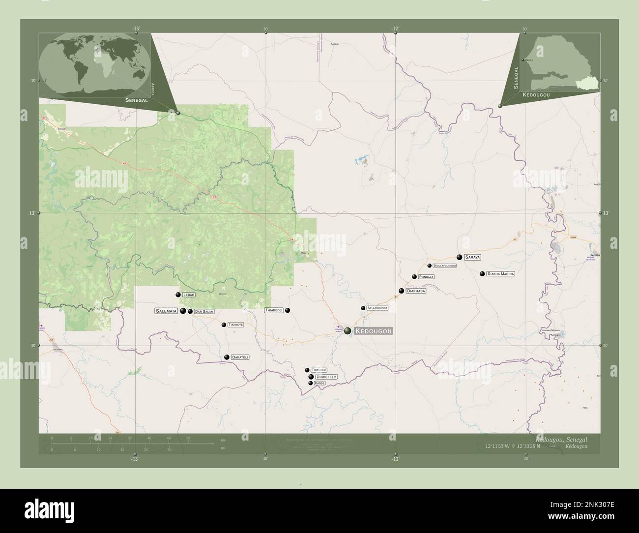 Kedougou, region of Senegal. Open Street Map. Locations and names of ...
