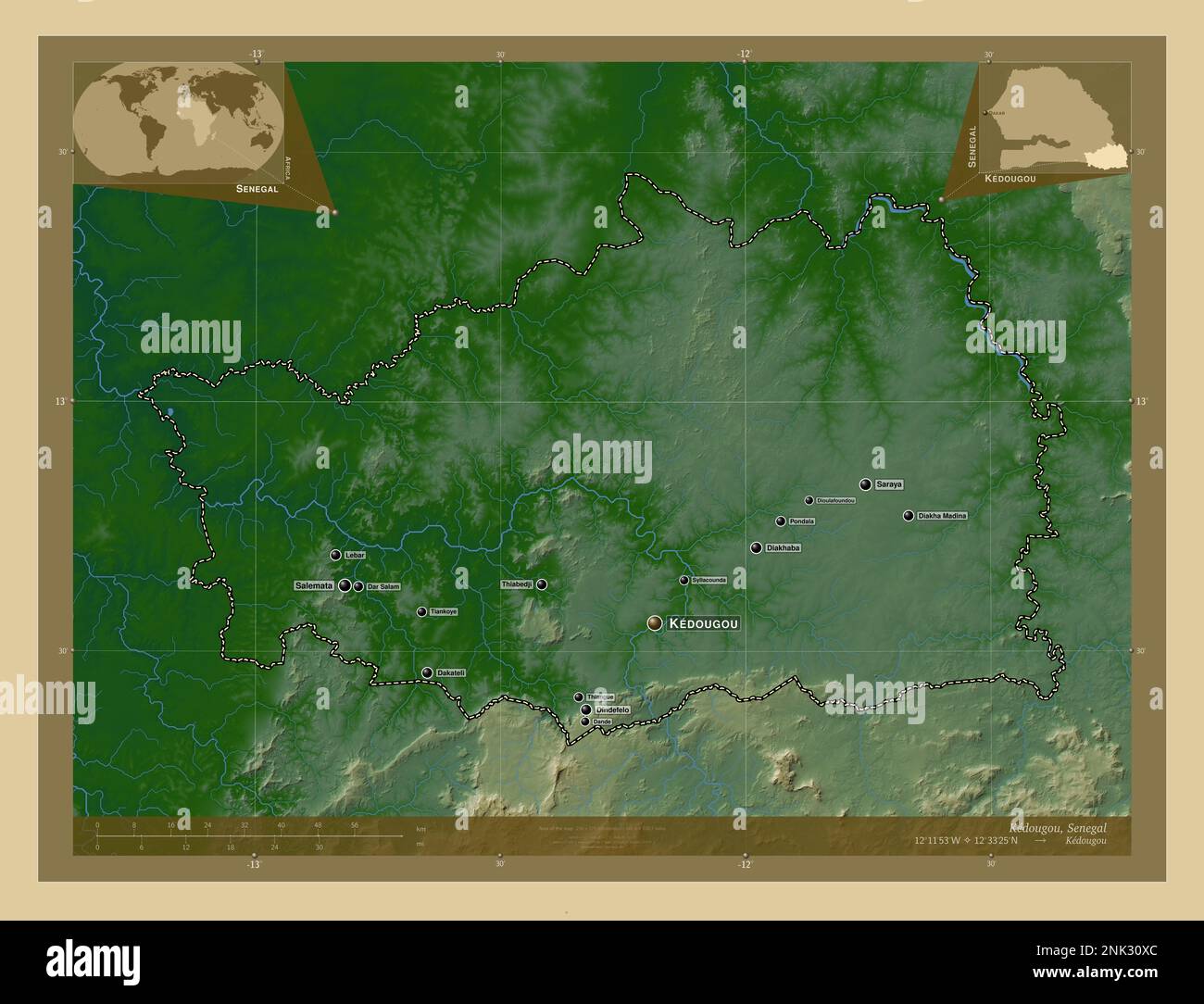 Kedougou, region of Senegal. Colored elevation map with lakes and ...
