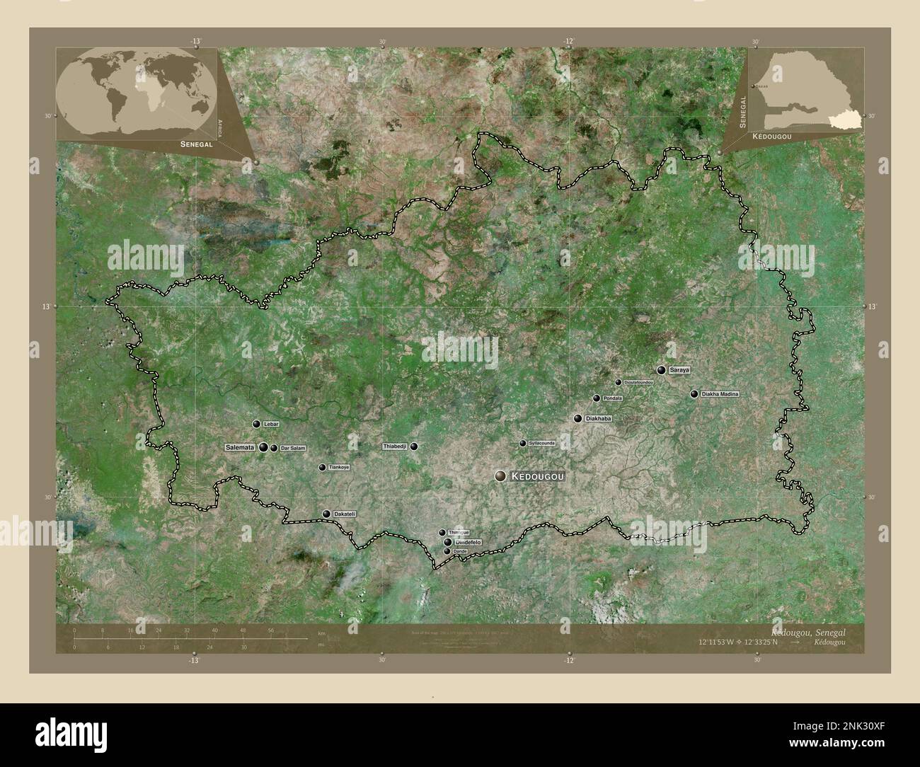 Kedougou, region of Senegal. High resolution satellite map. Locations ...