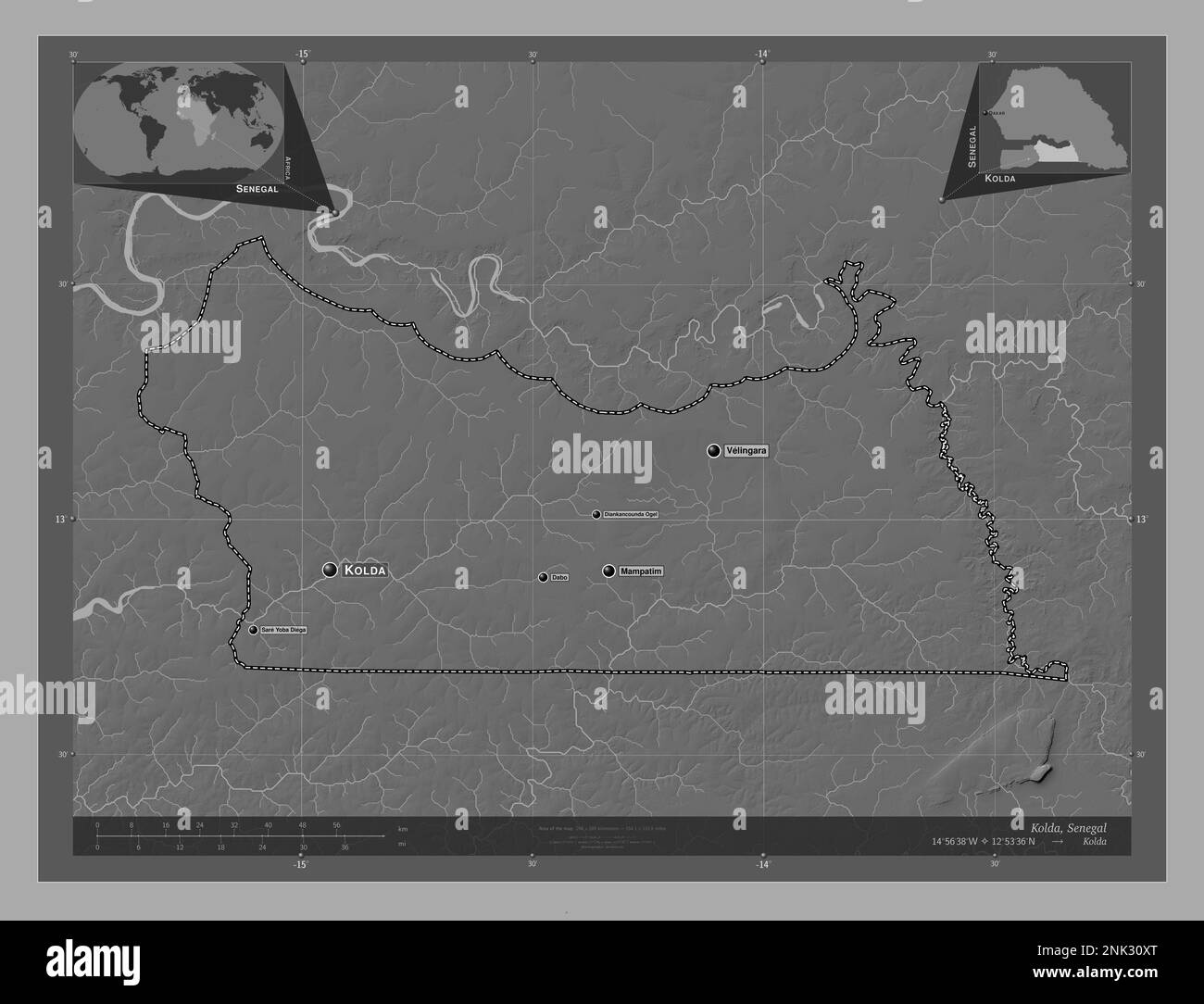 Kolda, region of Senegal. Bilevel elevation map with lakes and rivers ...