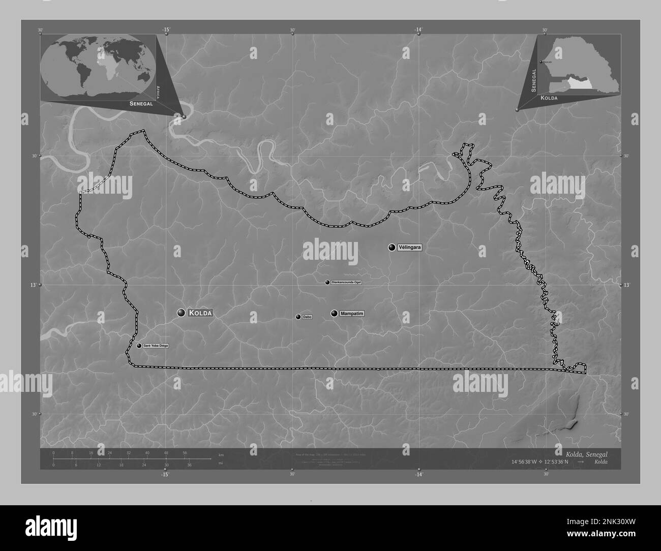 Kolda, region of Senegal. Grayscale elevation map with lakes and rivers ...
