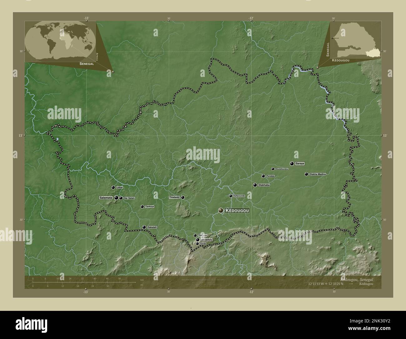 Kedougou, region of Senegal. Elevation map colored in wiki style with ...