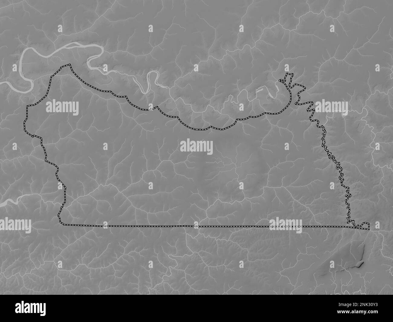 Kolda, region of Senegal. Grayscale elevation map with lakes and rivers ...