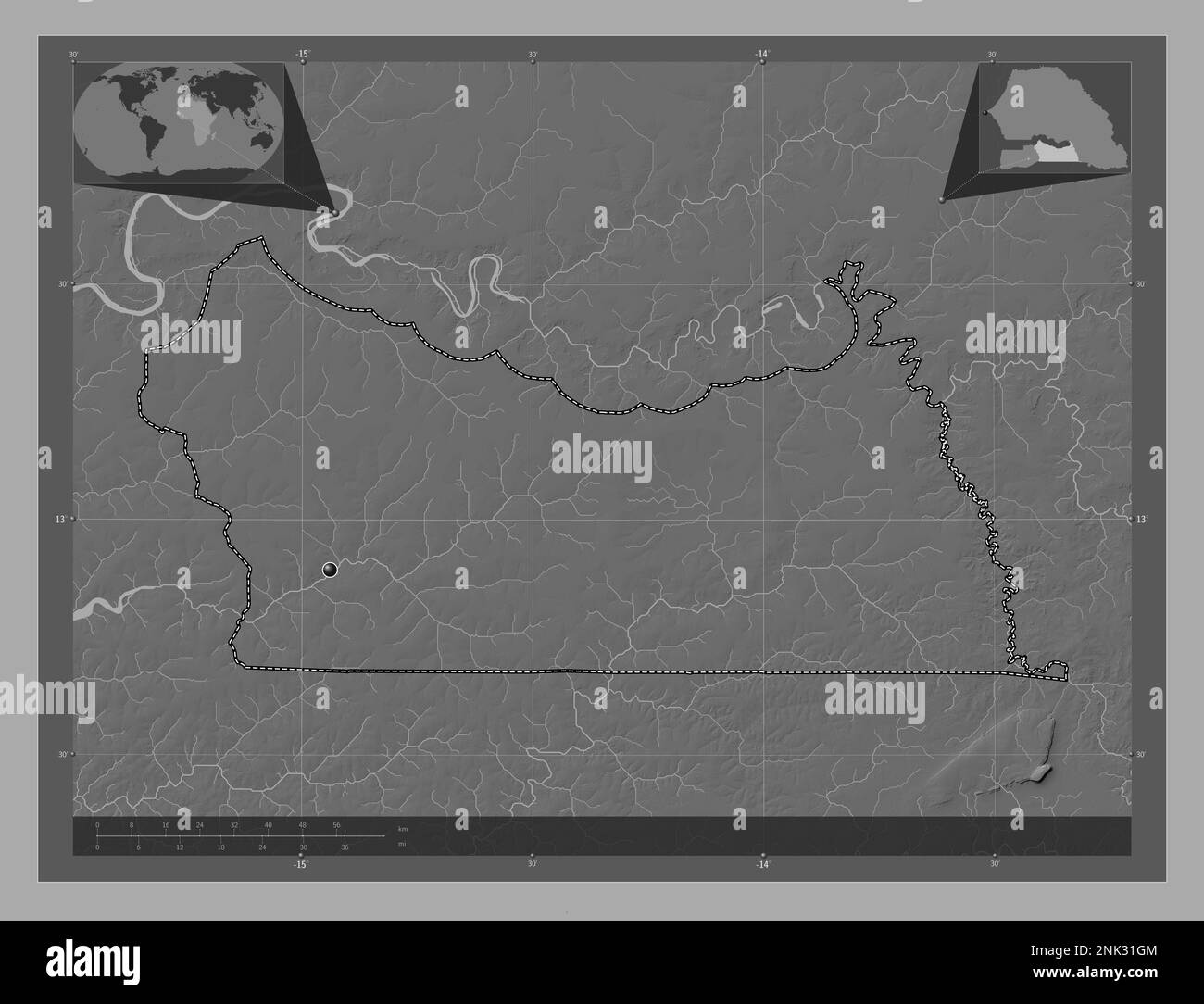 Kolda, region of Senegal. Bilevel elevation map with lakes and rivers ...
