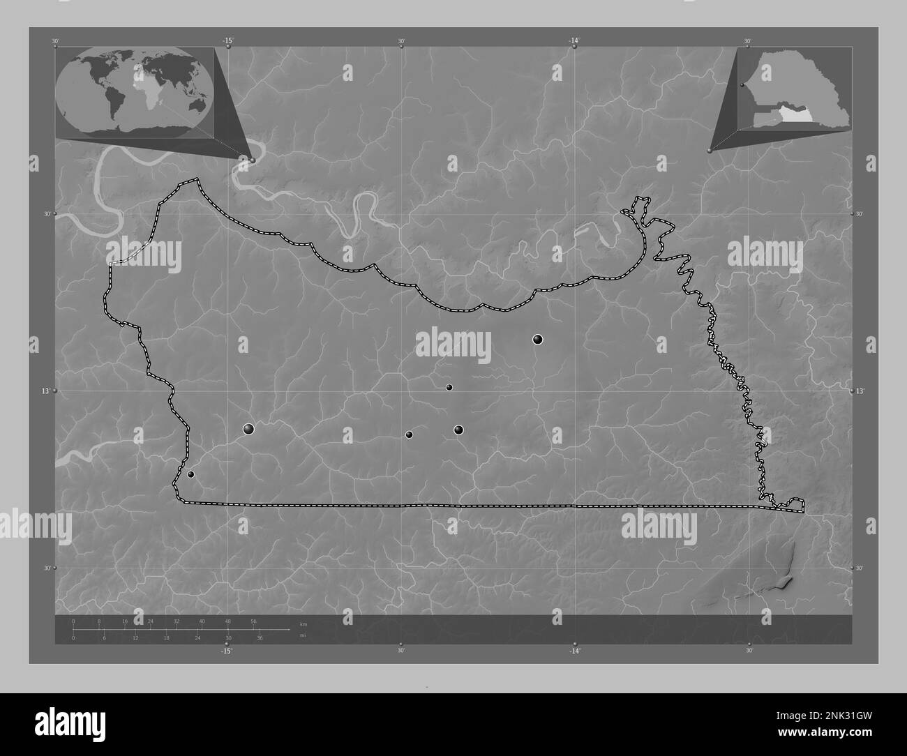 Kolda, region of Senegal. Grayscale elevation map with lakes and rivers ...