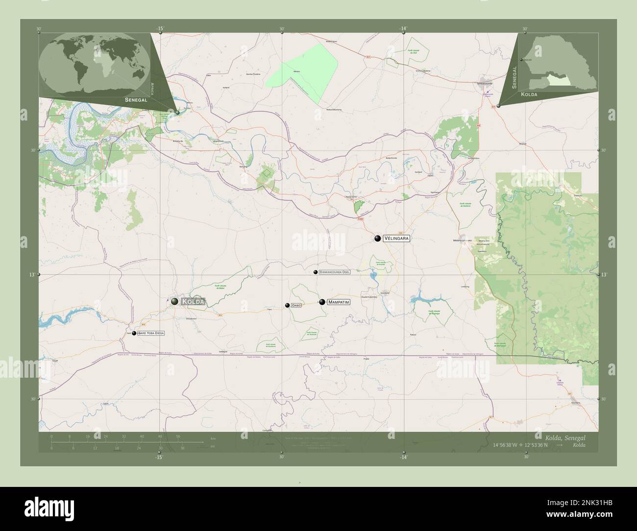 Kolda, region of Senegal. Open Street Map. Locations and names of major ...