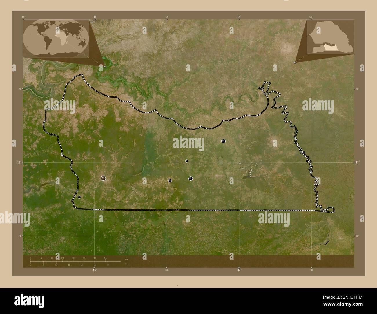 Kolda, region of Senegal. Low resolution satellite map. Locations of ...