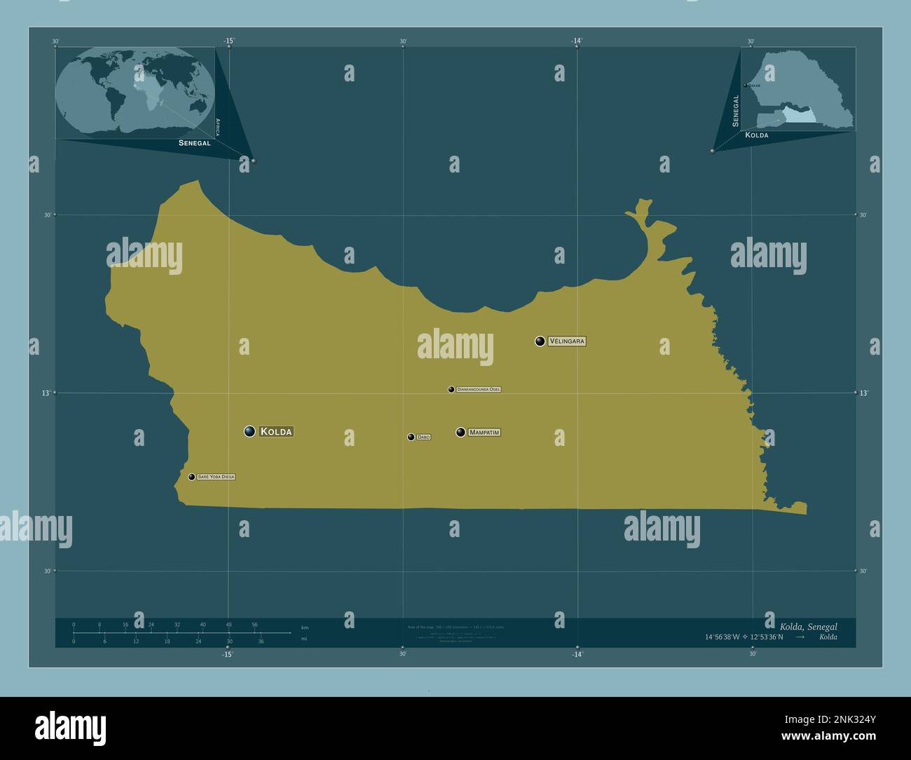 Kolda, region of Senegal. Solid color shape. Locations and names of ...