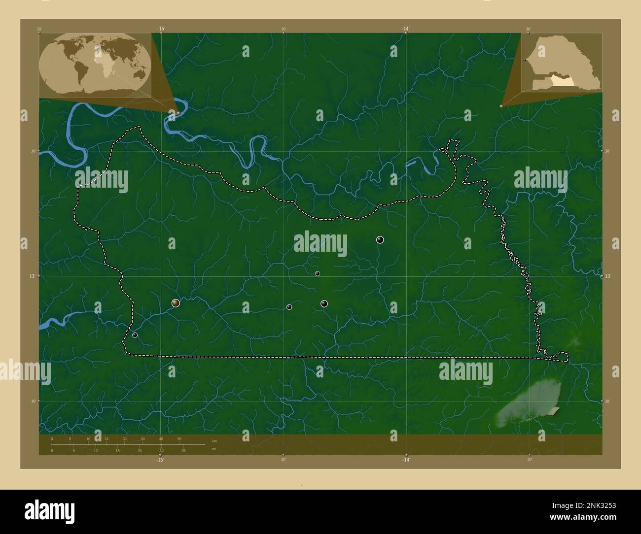 Kolda, region of Senegal. Colored elevation map with lakes and rivers ...