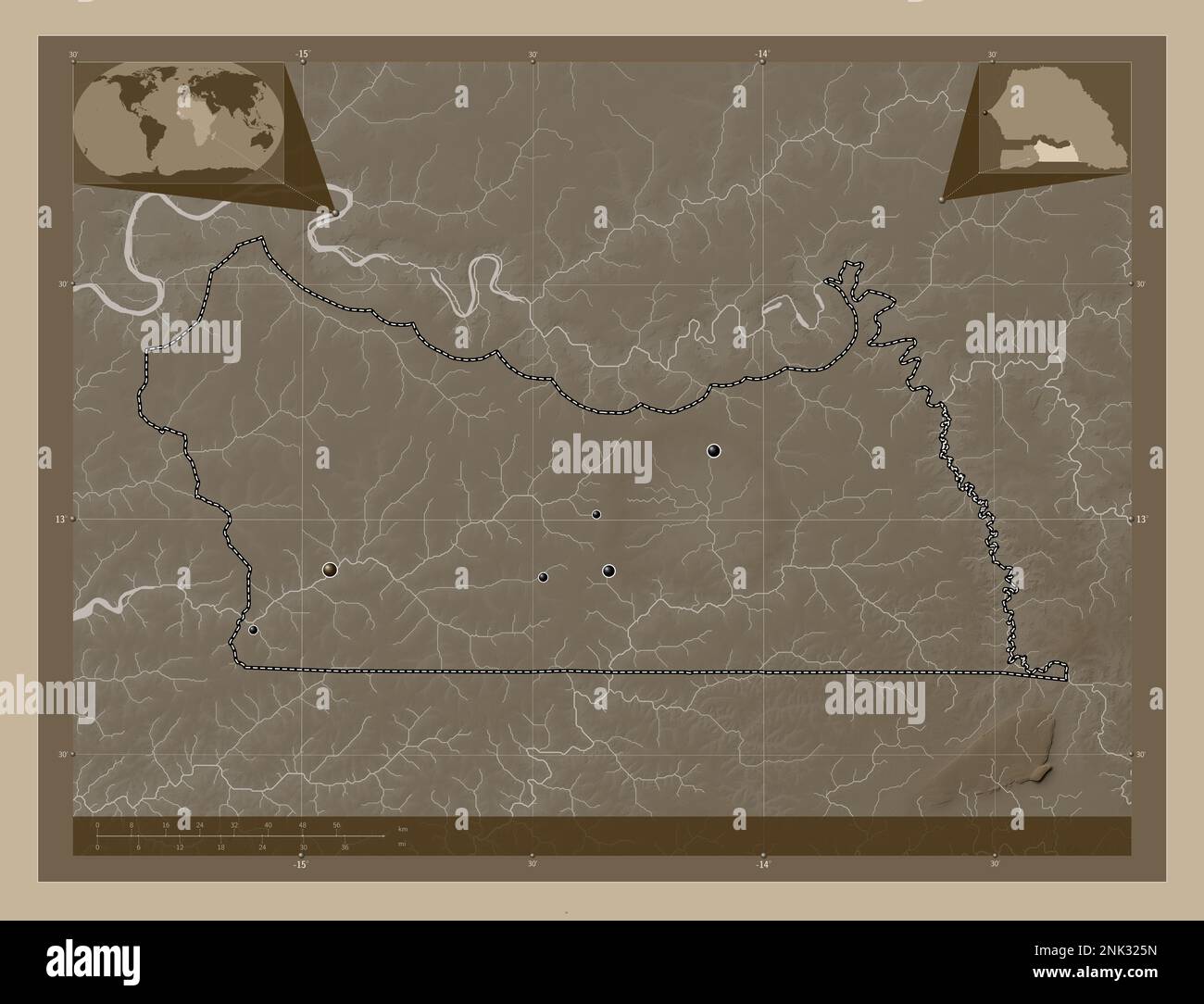 Kolda, region of Senegal. Elevation map colored in sepia tones with ...