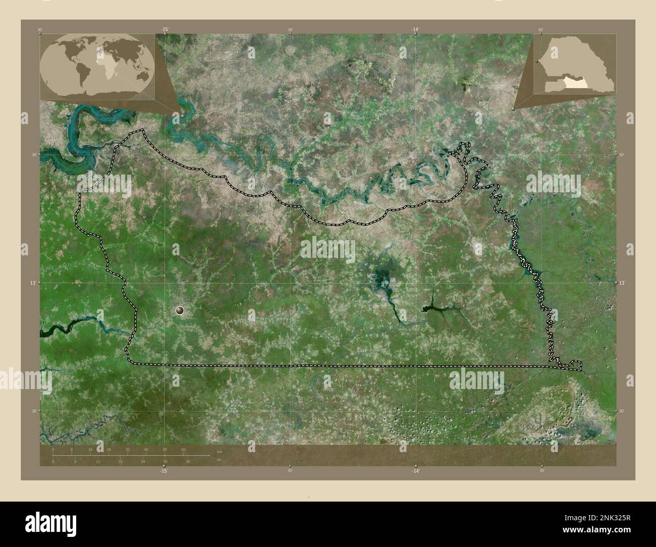 Kolda, region of Senegal. High resolution satellite map. Corner ...