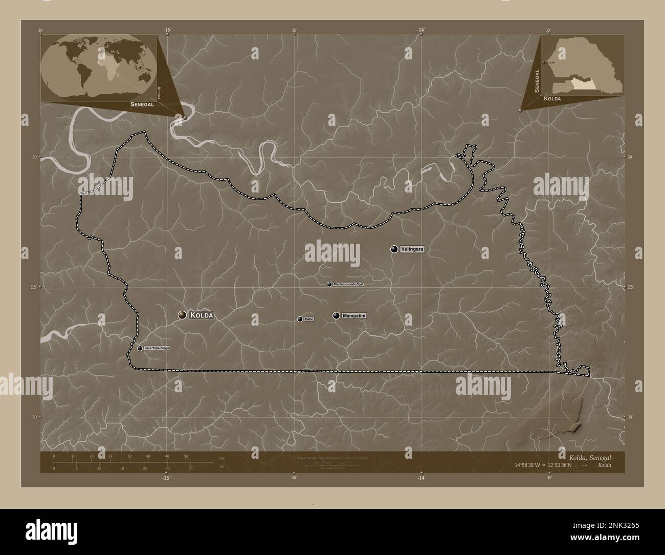Kolda, region of Senegal. Elevation map colored in sepia tones with ...