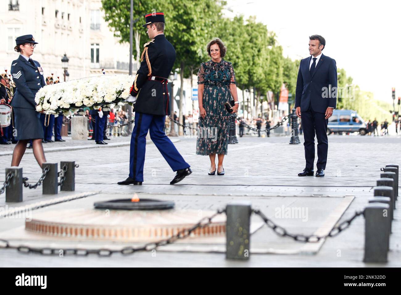 French President Emmanuel Macron, right, and British Ambassador to ...