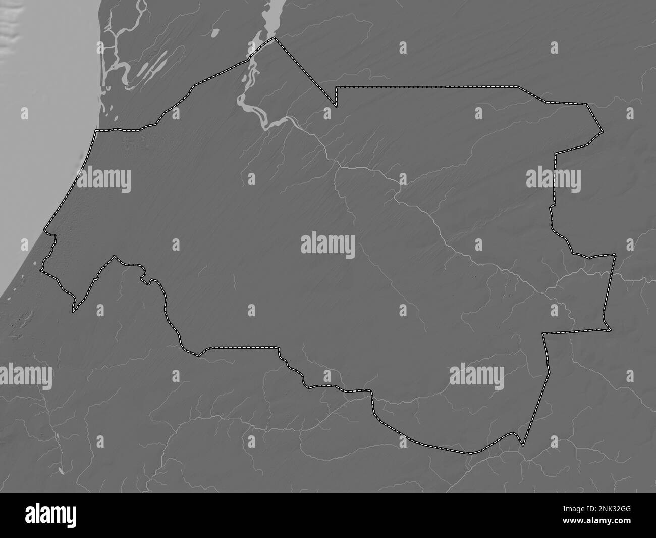 Louga, region of Senegal. Bilevel elevation map with lakes and rivers ...