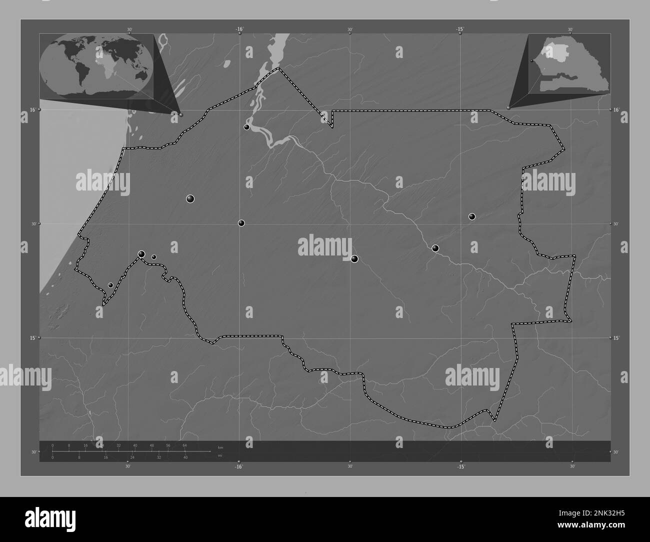 Louga, region of Senegal. Bilevel elevation map with lakes and rivers ...