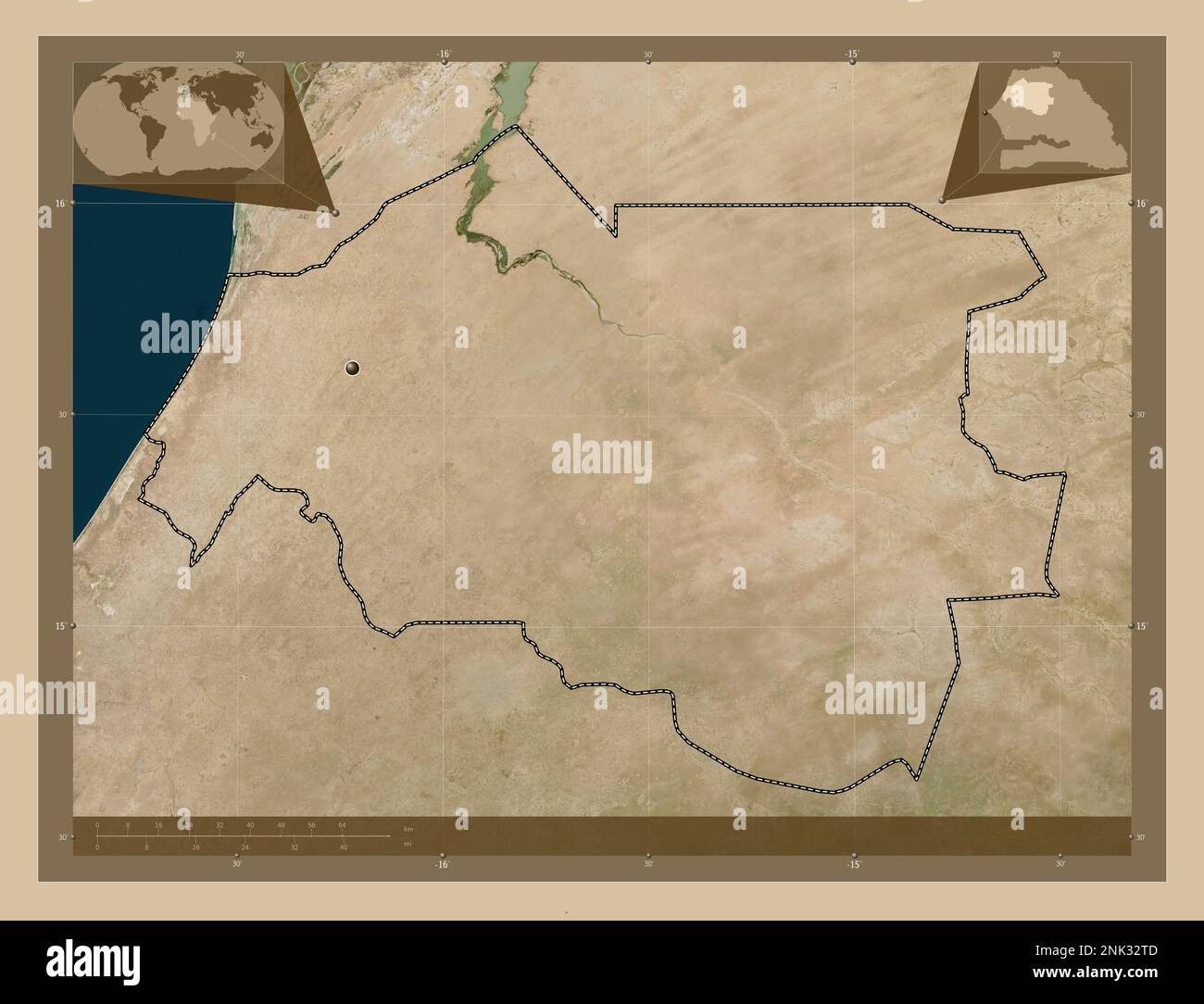 Louga, region of Senegal. Low resolution satellite map. Corner auxiliary location maps Stock ...