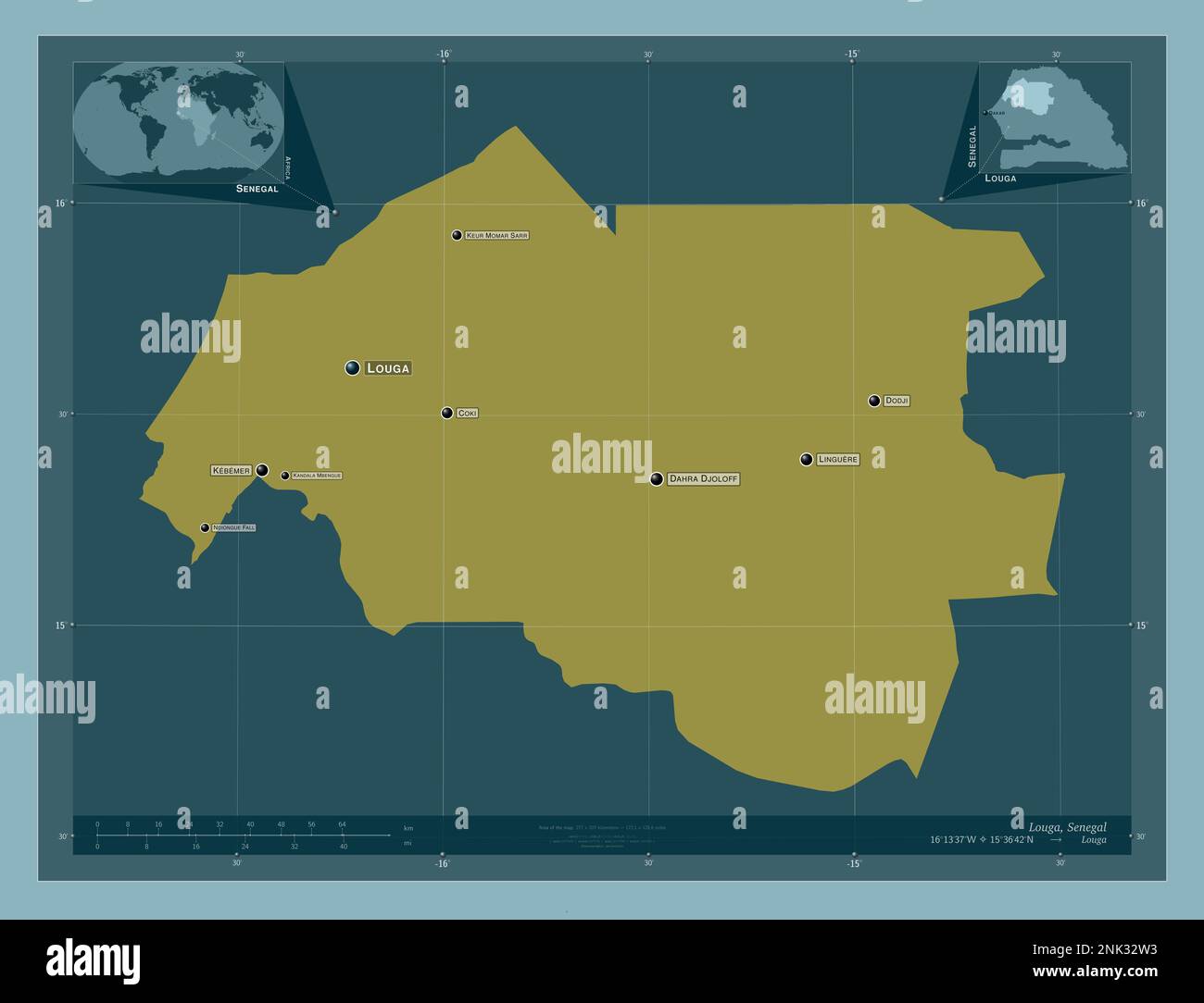 Louga, region of Senegal. Solid color shape. Locations and names of ...