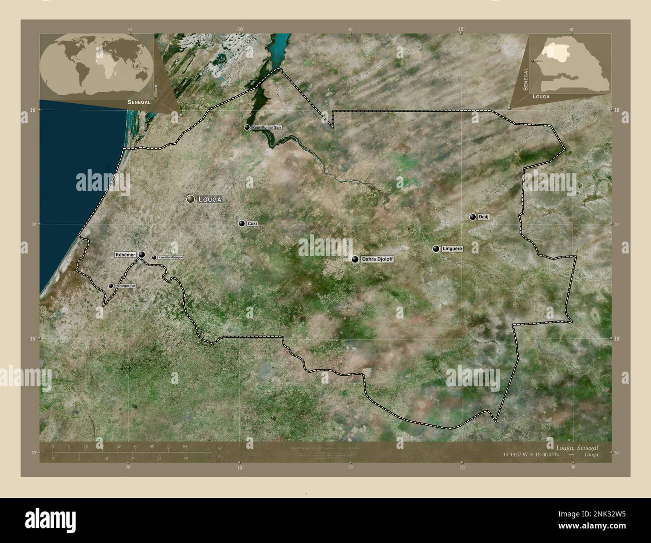 Louga, region of Senegal. High resolution satellite map. Locations and names of major cities of ...