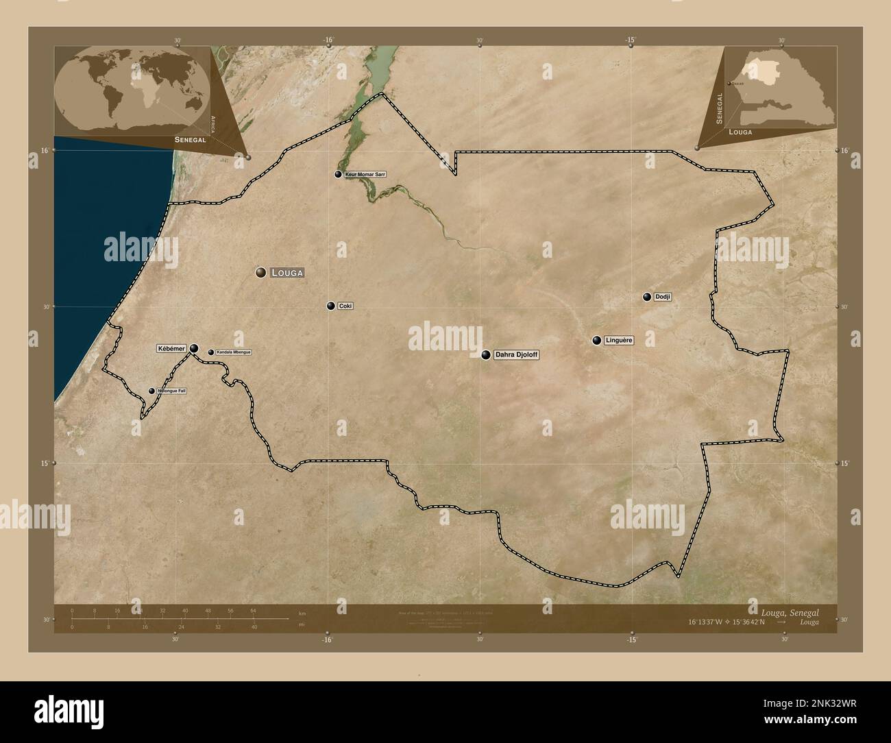 Louga, region of Senegal. Low resolution satellite map. Locations and ...