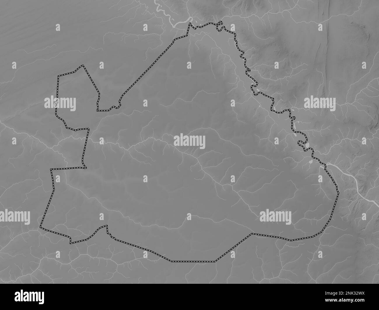 Matam, region of Senegal. Grayscale elevation map with lakes and rivers ...
