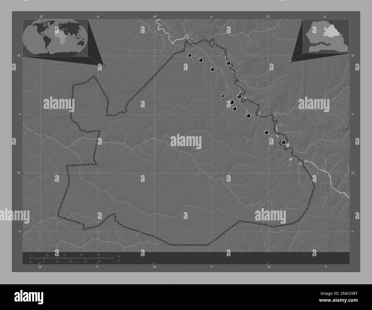 Matam, region of Senegal. Bilevel elevation map with lakes and rivers ...