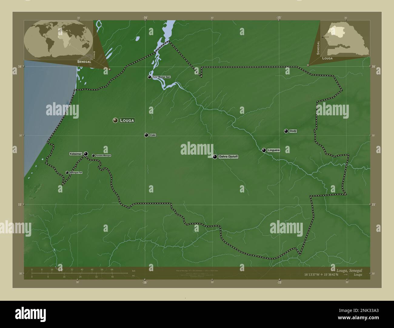 Louga, region of Senegal. Elevation map colored in wiki style with lakes and rivers. Locations ...