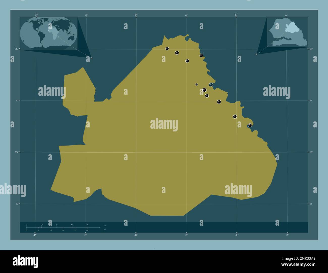 Matam, region of Senegal. Solid color shape. Locations of major cities ...