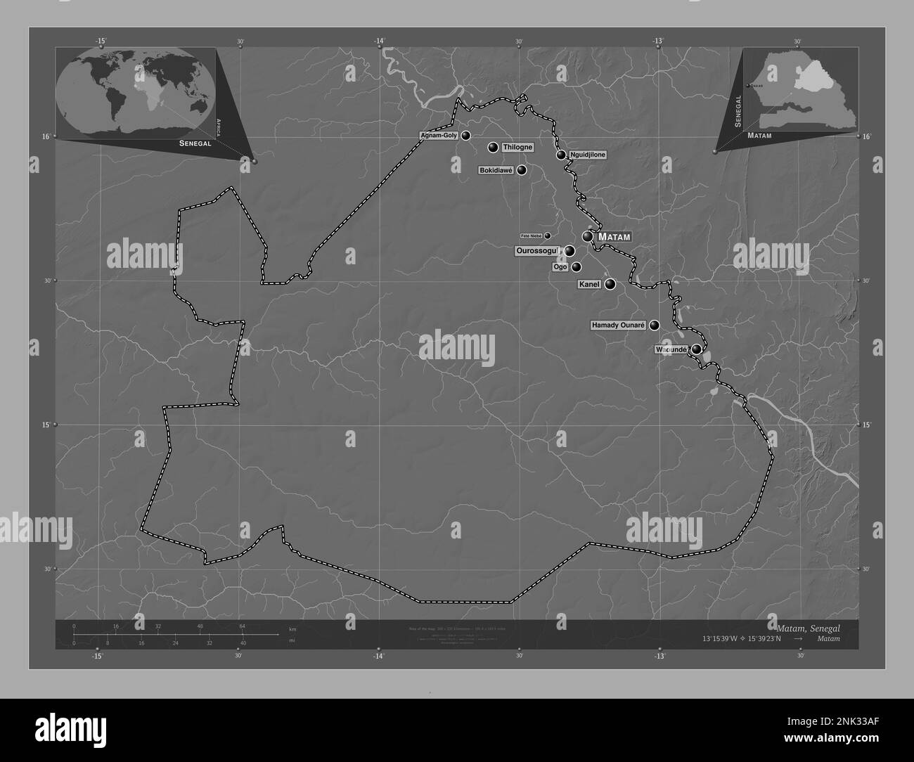 Matam, region of Senegal. Bilevel elevation map with lakes and rivers ...
