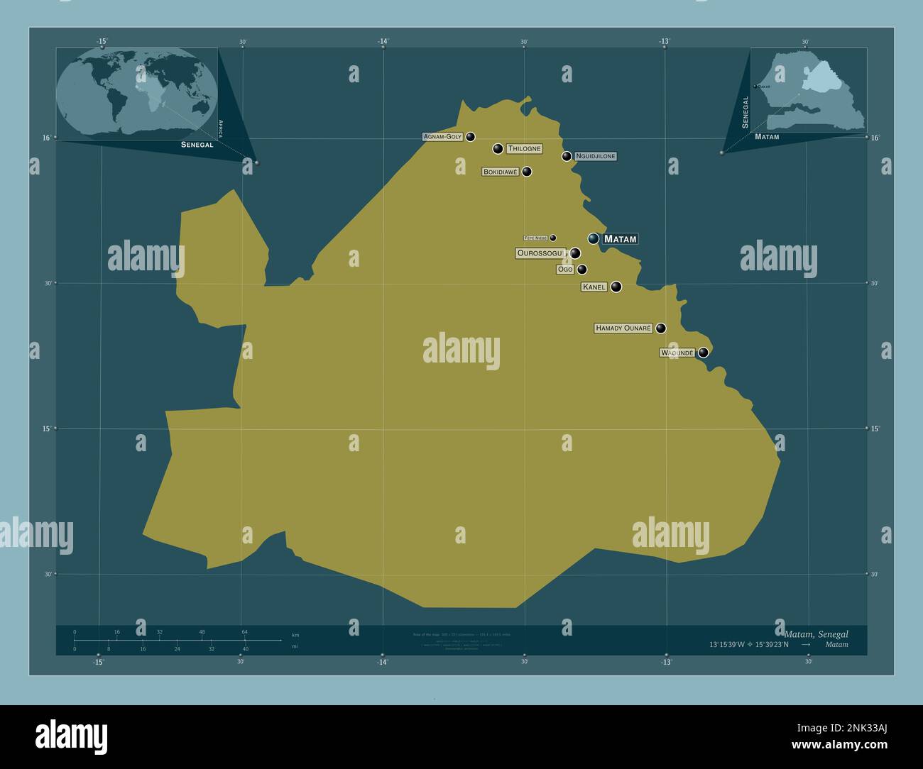 Matam, region of Senegal. Solid color shape. Locations and names of ...