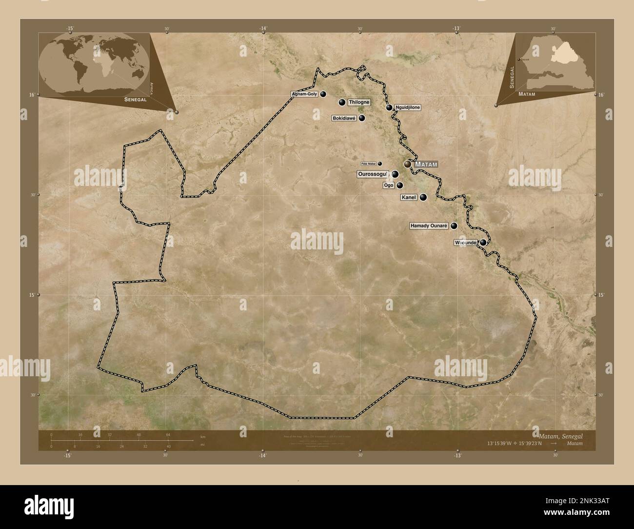 Matam, region of Senegal. Low resolution satellite map. Locations and ...