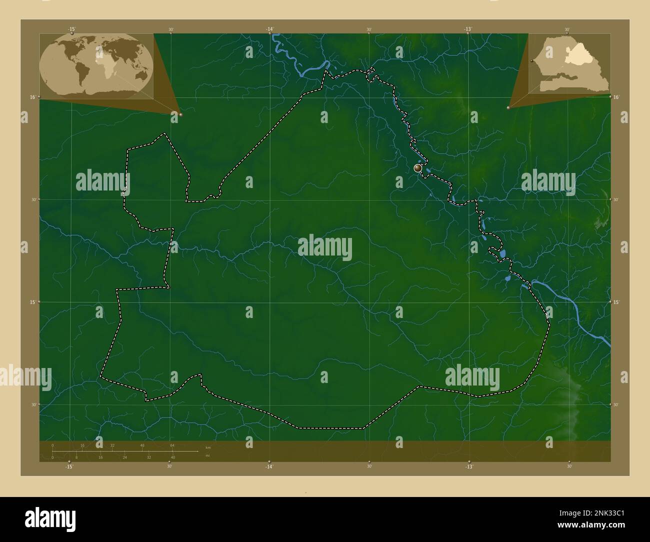 Matam, region of Senegal. Colored elevation map with lakes and rivers ...