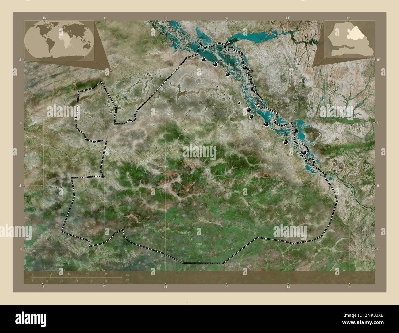 Matam, region of Senegal. High resolution satellite map. Locations of major cities of the region ...