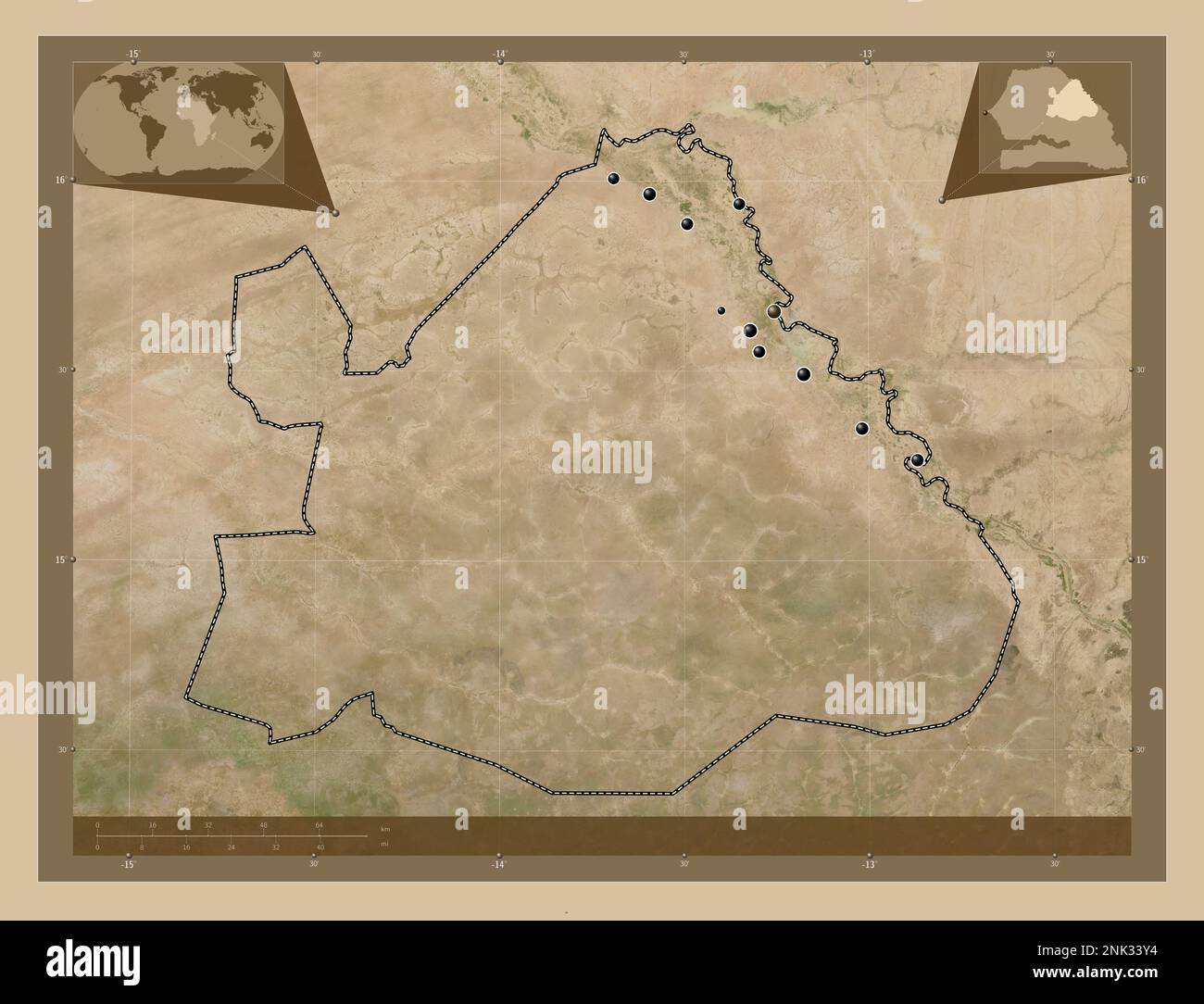 Matam, region of Senegal. Low resolution satellite map. Locations of ...