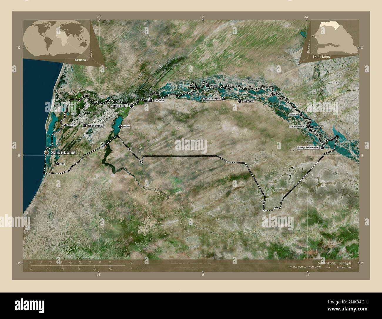 Saint-Louis, region of Senegal. High resolution satellite map. Locations and names of major ...