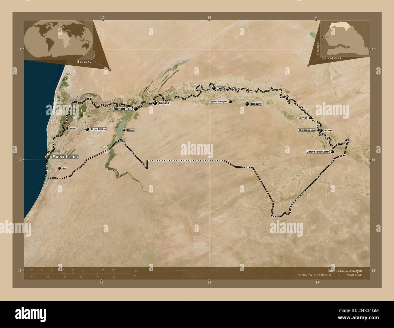 Saint-Louis, region of Senegal. Low resolution satellite map. Locations and names of major ...