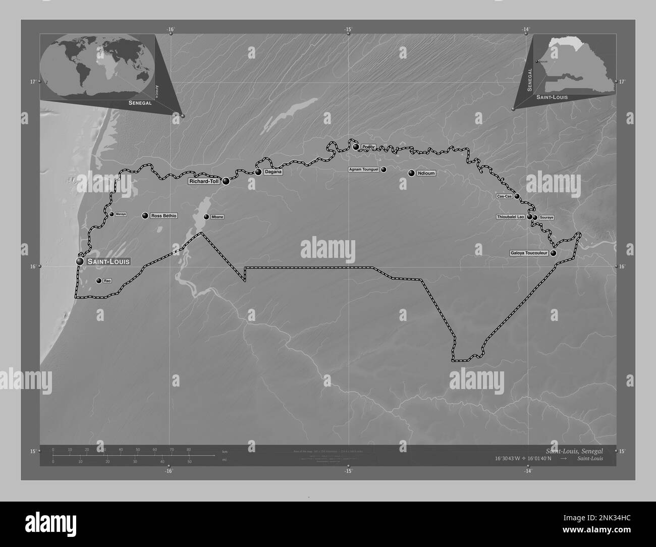 Saint-Louis, region of Senegal. Grayscale elevation map with lakes and ...
