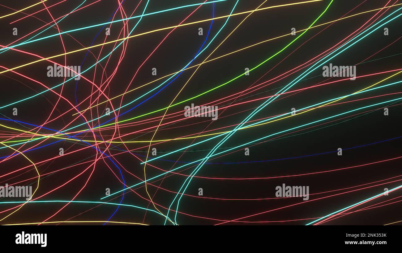 Rainbow -colored lines that are entangled with random curves abstract ...