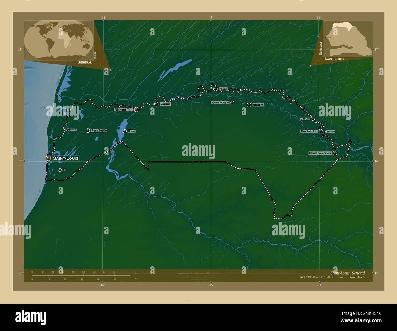 Saint-Louis, region of Senegal. Colored elevation map with lakes and ...
