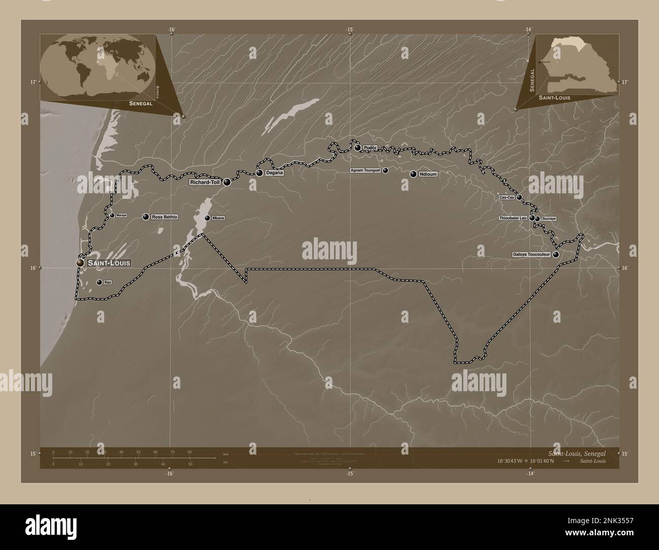 Saint-Louis, region of Senegal. Elevation map colored in sepia tones ...