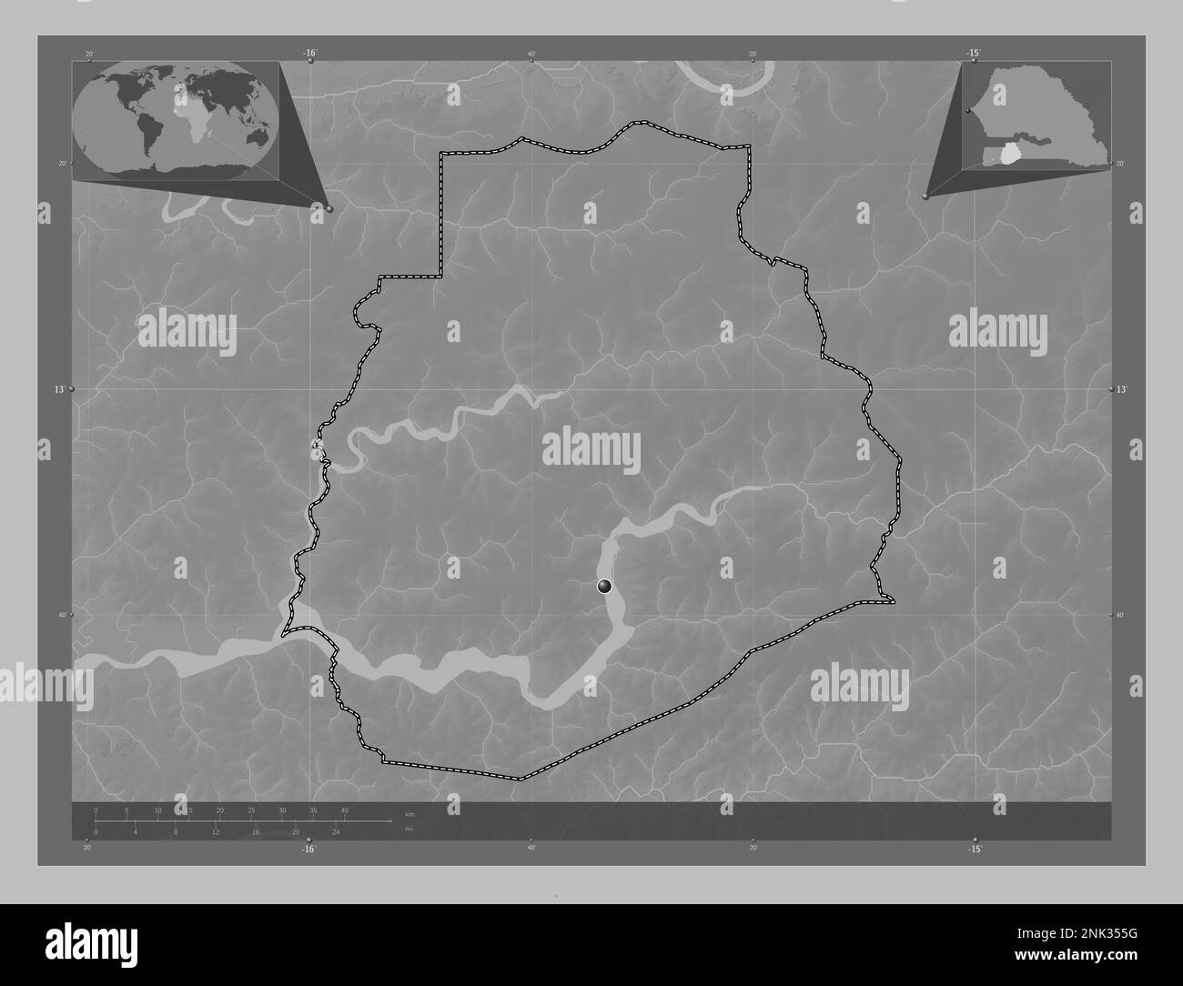 Sedhiou, region of Senegal. Grayscale elevation map with lakes and ...