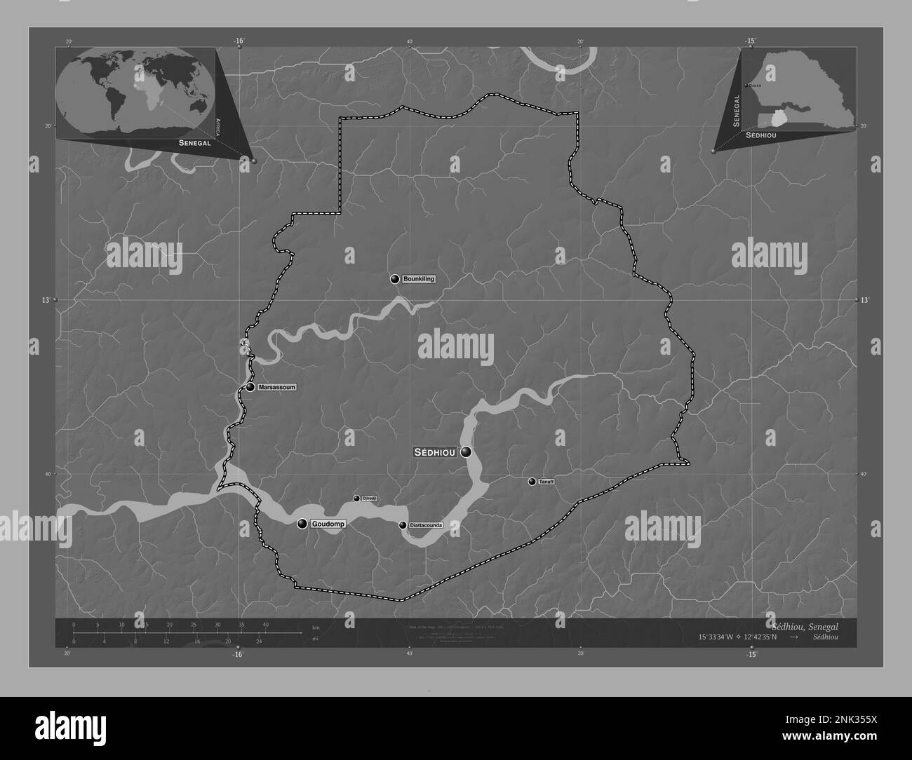 Sedhiou, region of Senegal. Bilevel elevation map with lakes and rivers ...